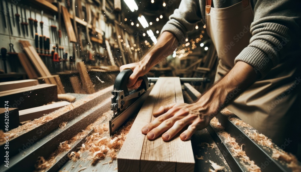 Close-up photo of a carpenter's hands guiding a piece of timber through ...