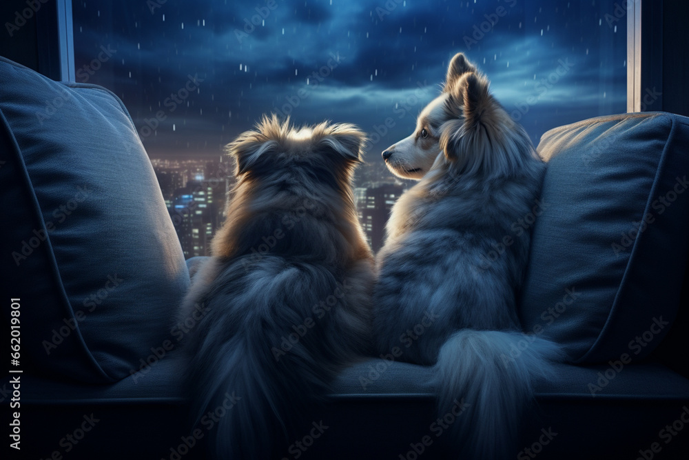 The back view of two cute puppy brothers looking out the window at the ...