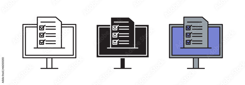 esktop computer with digital questionnaire icon set. online application ...