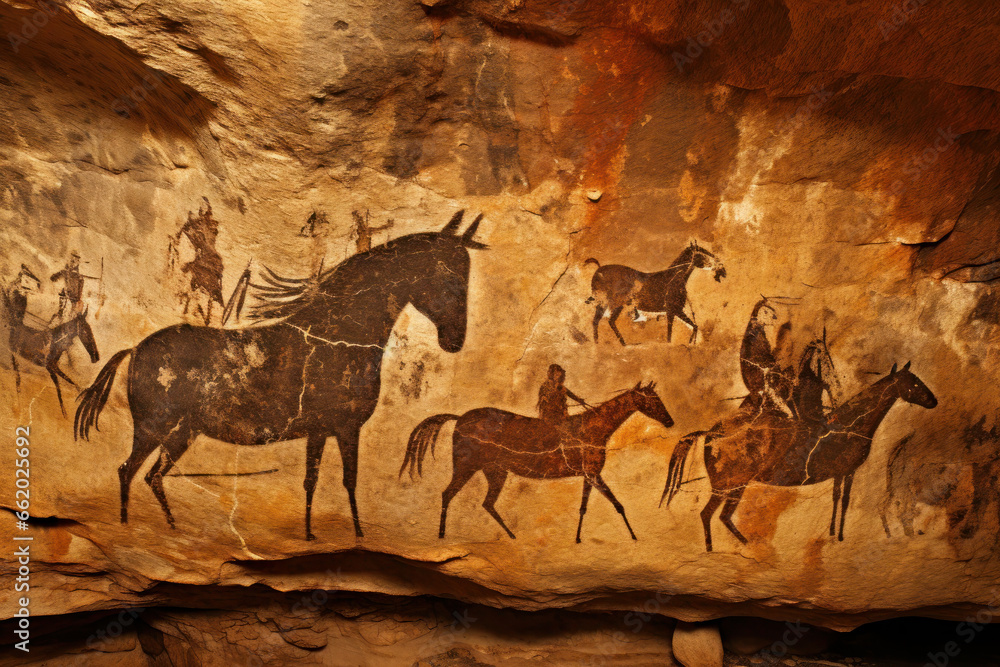 Old cave drawings of primitive people, stone age art, ancient history ...