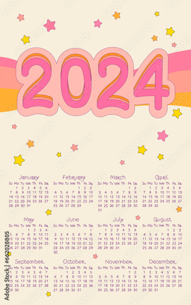 Retro calendar 2024. New Year. Calendar in the 70s, 80s style. Cute ...