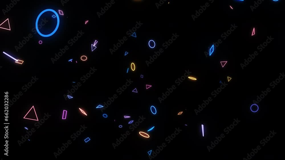 Abstract animated background of 3D neon shapes circles, triangles and squares randomly slow ...