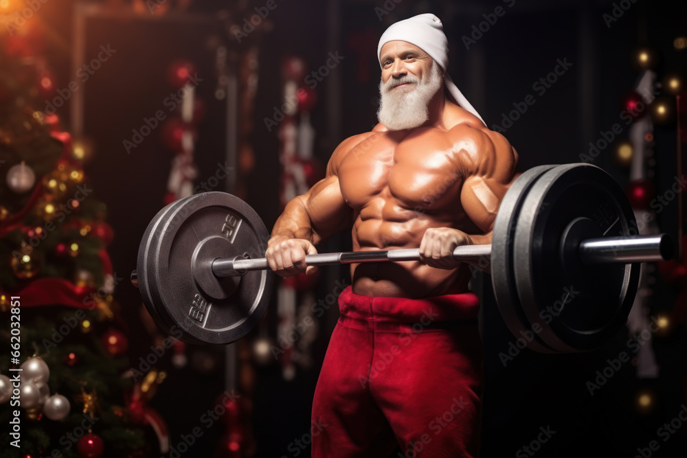 Santa Claus bodybuilder in a playful and whimsical manner, promoting a ...
