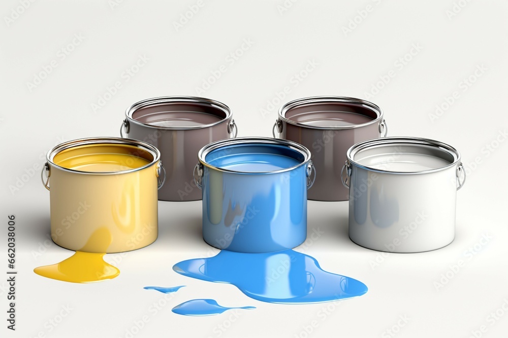 White background enhances 3D rendering of paint buckets for a realistic ...