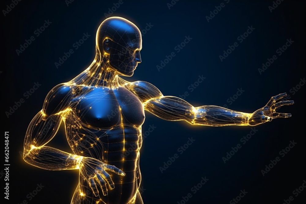 Human body made of wireframe with glowing lines on dark blue background ...
