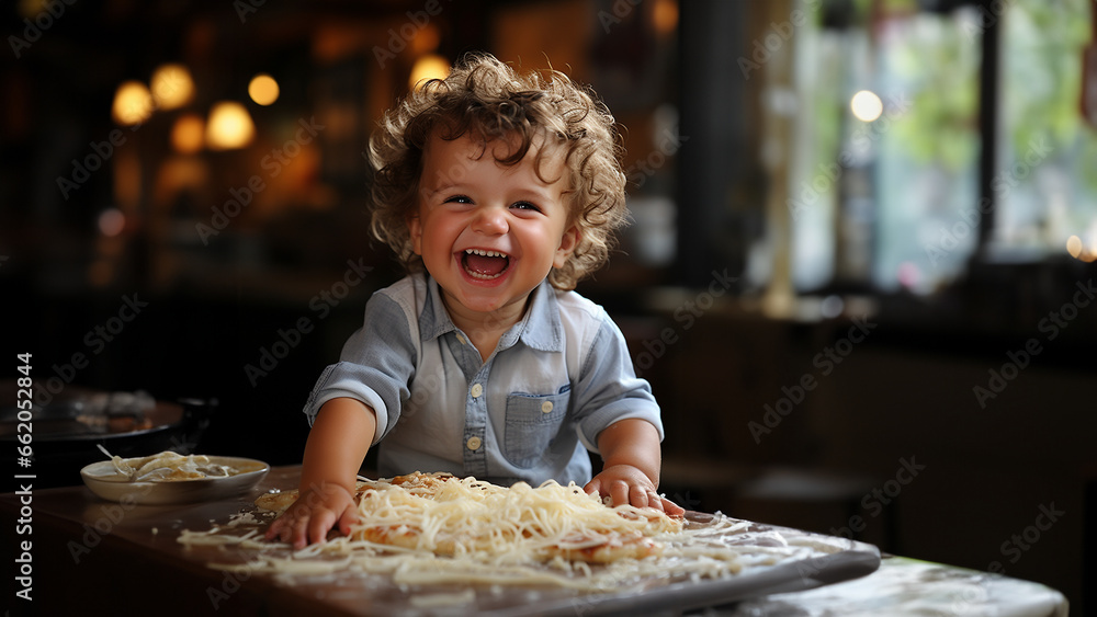 Süßes kleines Kind als Koch hilt in der Küche beim kochen und lacht im ...