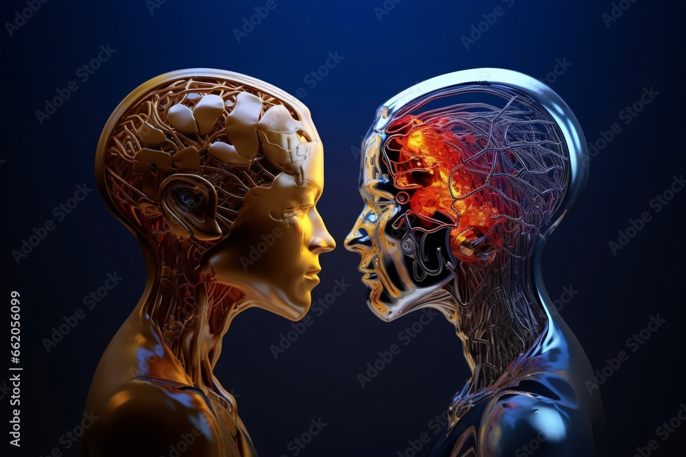 3D rendering of two cyborgs looking at each other on digital background ...
