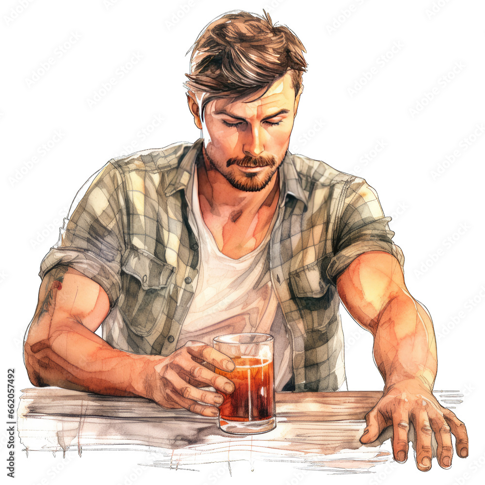 Gruff man with a glass of whiskey in a bar, watercolor illustration ...