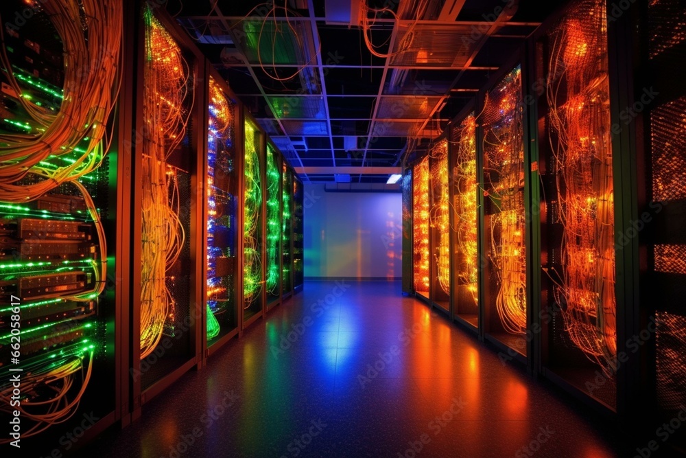 bright lights in the server room, tangled wiring in the data center ...