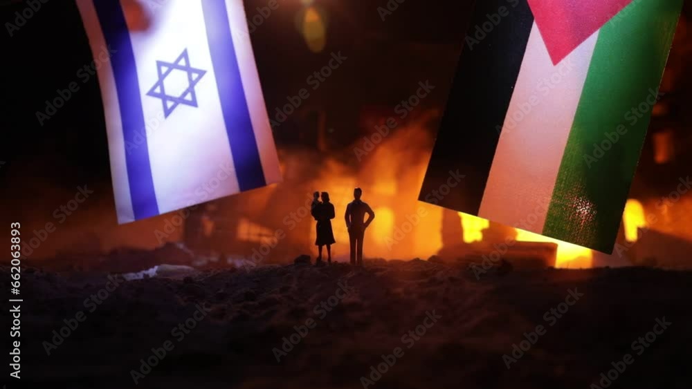 Conflict between Israel and Palestine concept. Burning and destroyed ...