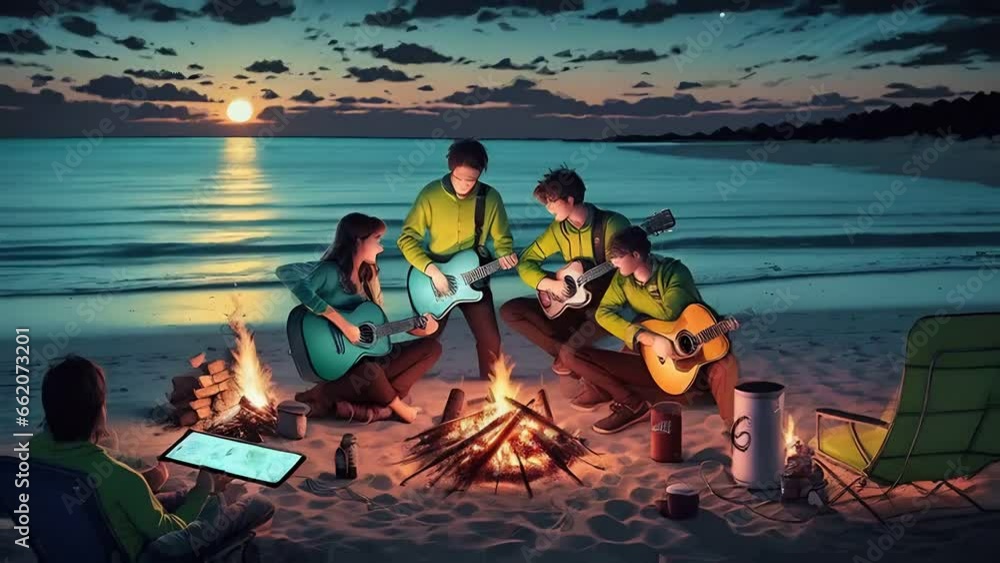 Friends around a bonfire on the beach in a dark blue toned illustration ...