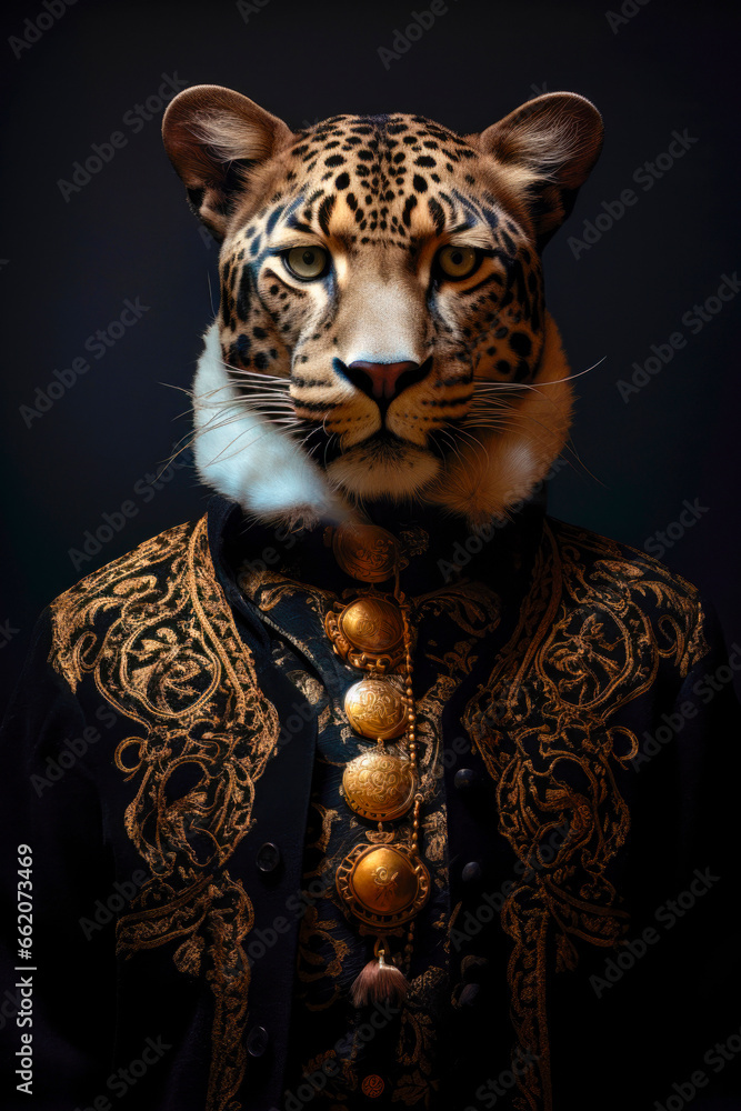 Portrait of an royal leopard with an embroidered jacket in gold ...