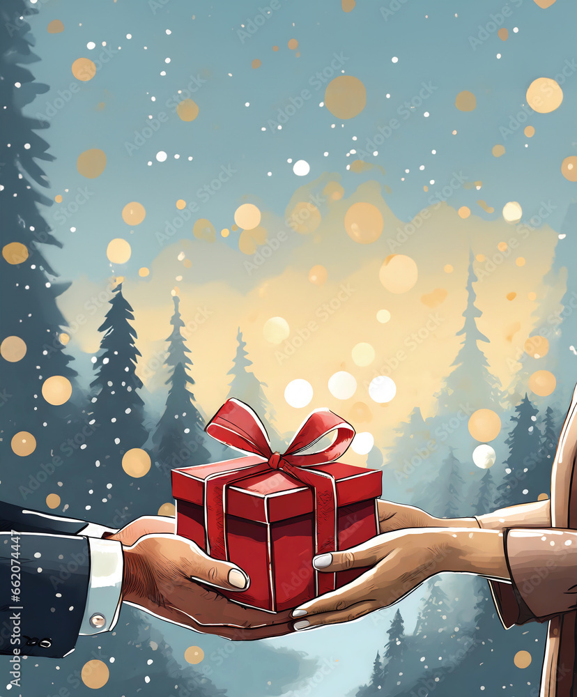 Couple exchanging red gif box present on Christmas night closeup Stock ...