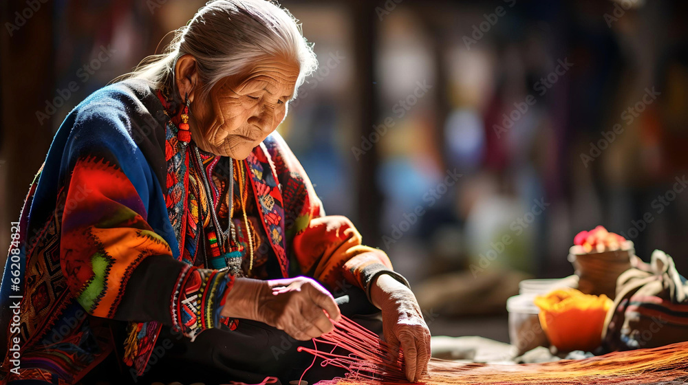 Bolivian cholita weaving traditional Bolivian ponchos, local Latin ...