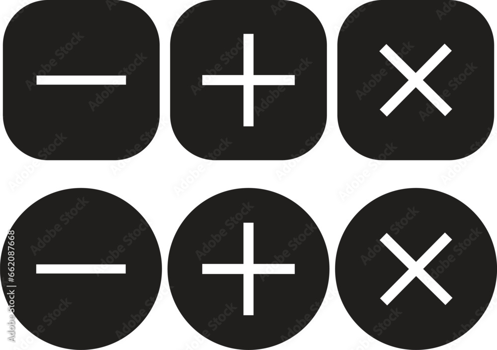 Mathematical square circle icon in flat set plus divide multiple ...
