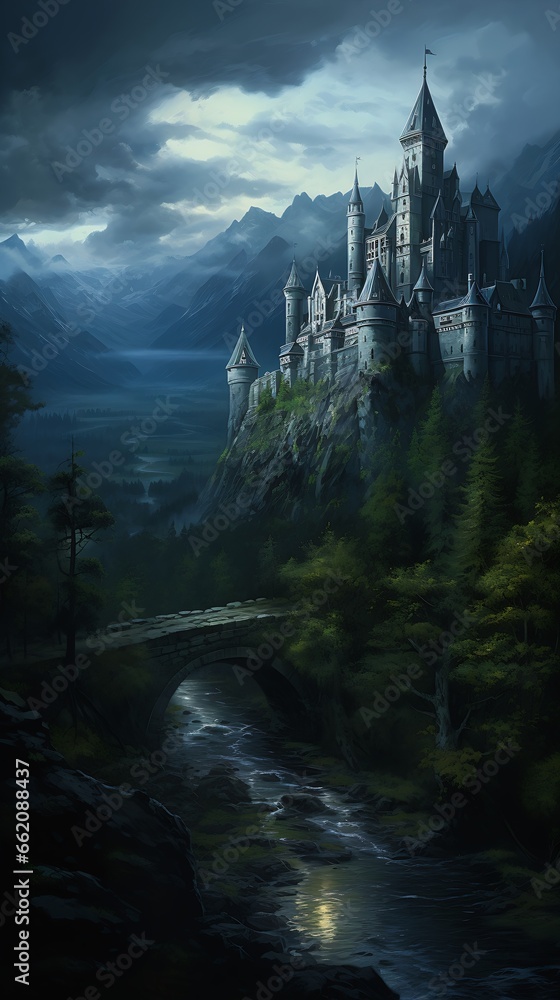 castle mountain river foreground eerie medieval times anxious steward ...