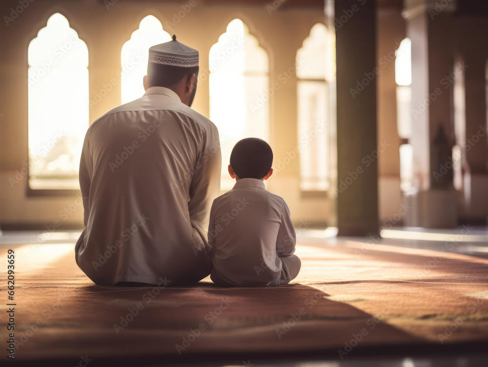 Silhouettes of Muslim father and son praying together in the mosque on ...