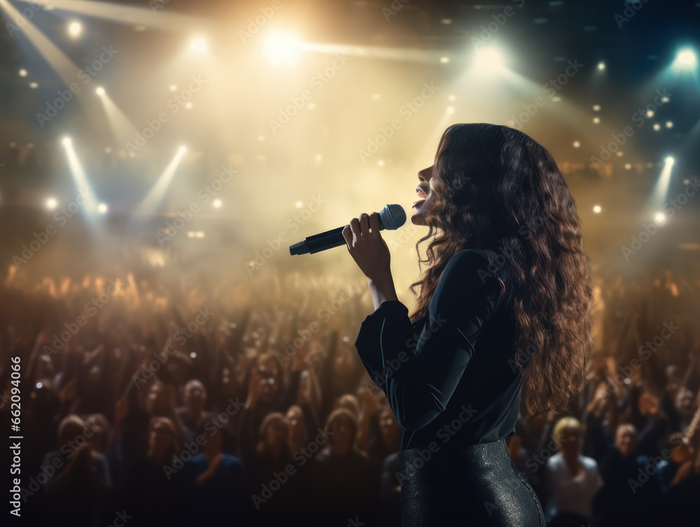 Female singer on stage singing with audience, concert with large ...