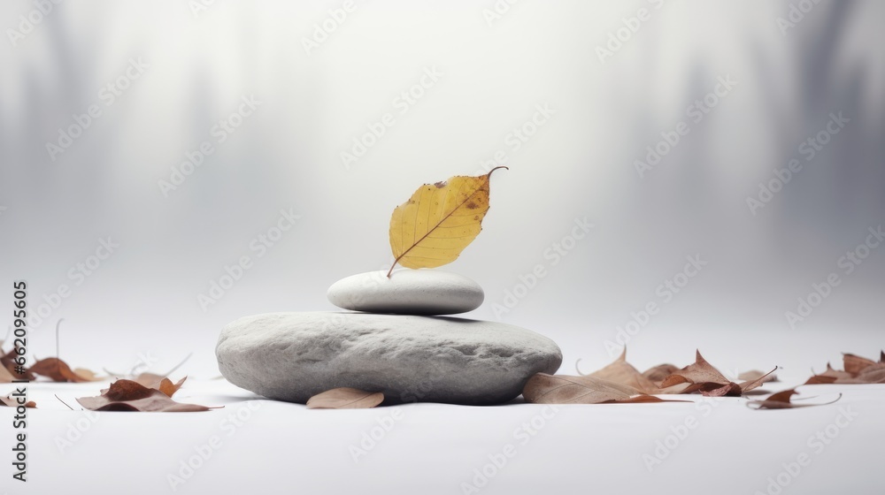 two smooth stones stacked on each other with a yellow leaf on top. The ...