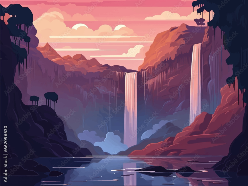 Beautiful abstract waterfall cartoon, anime background. Waterfall in ...