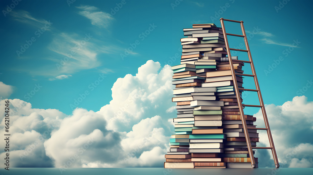 Abstract book stack with ladder on sky with clouds background. Ladder ...