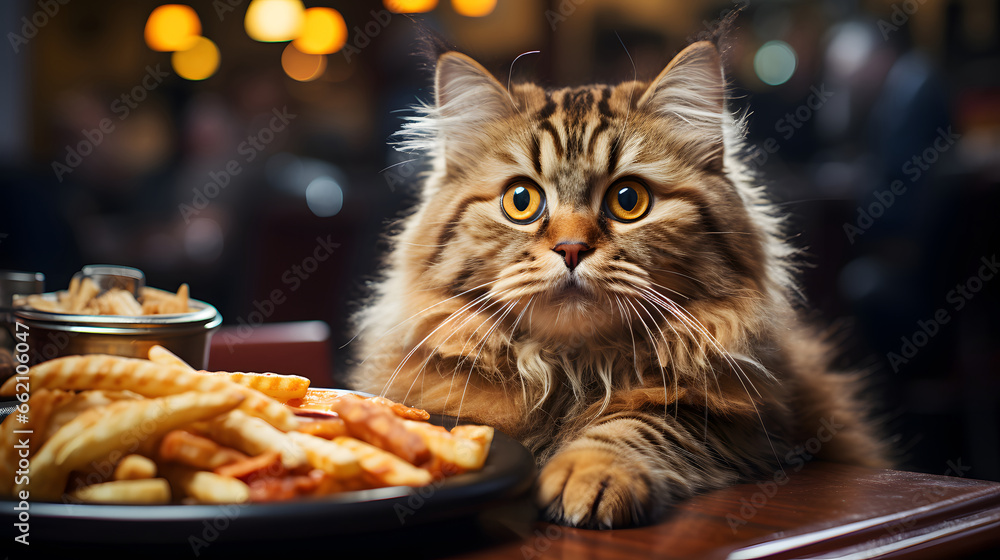 Fat angry hungry cat in fast food restaurant with burger and fried ...
