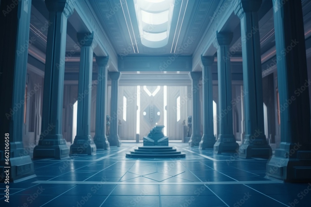 A futuristic temple hall and altar with columns and design from ...