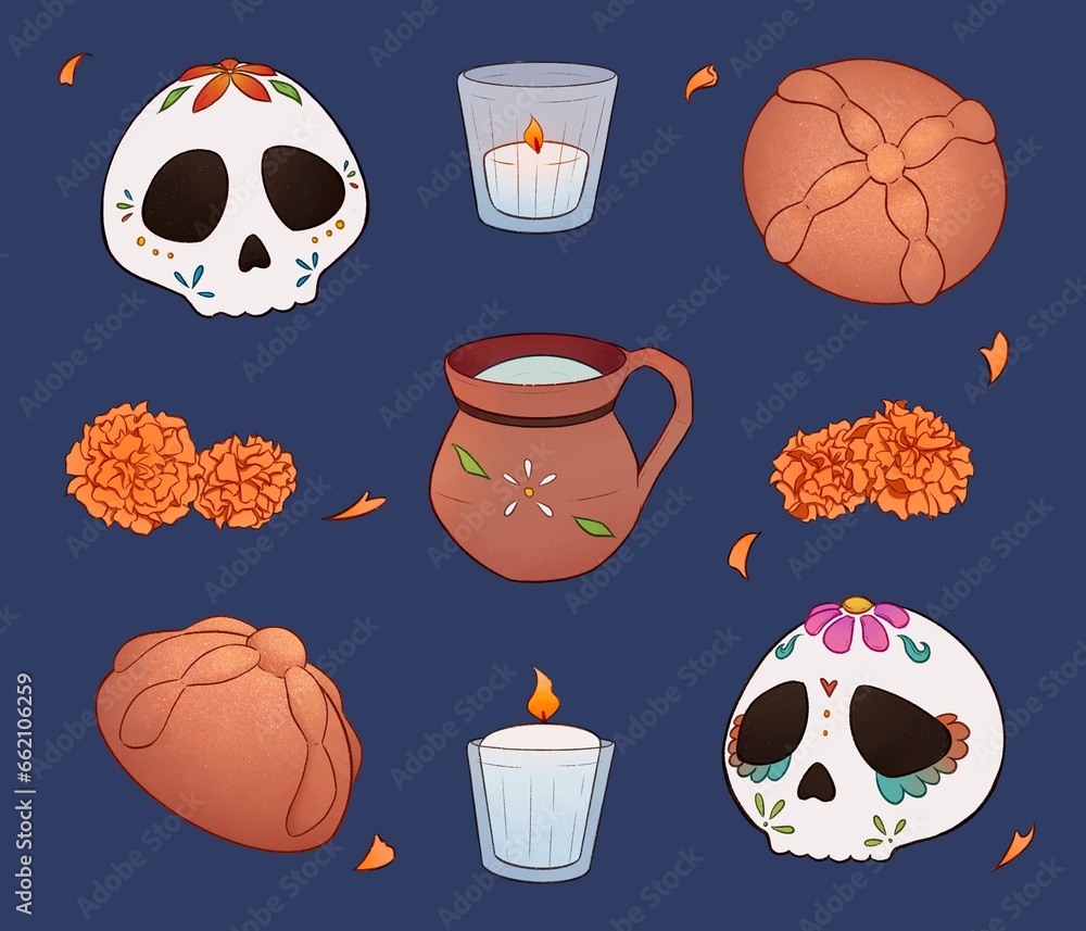 Ilustración digital de elementos para ofrenda del Día de Muertos ...