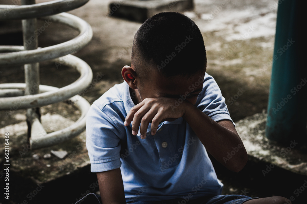 Crying boy student making a stop gesture to plead for an end to child ...
