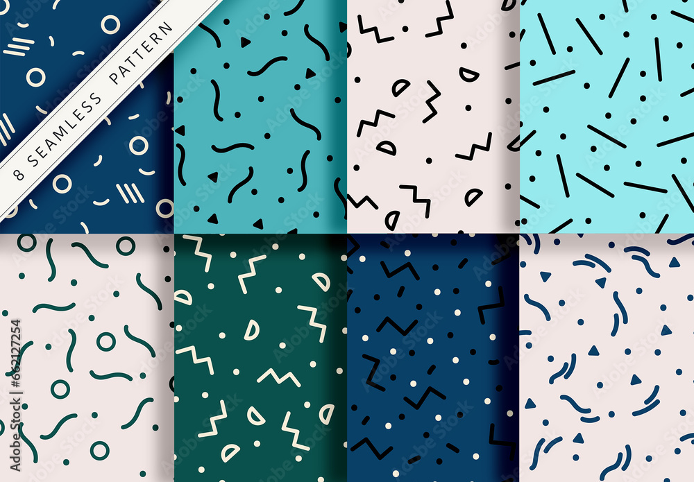 Mockup of 8 customizable repeatable patterns and shapes, blue tones ...