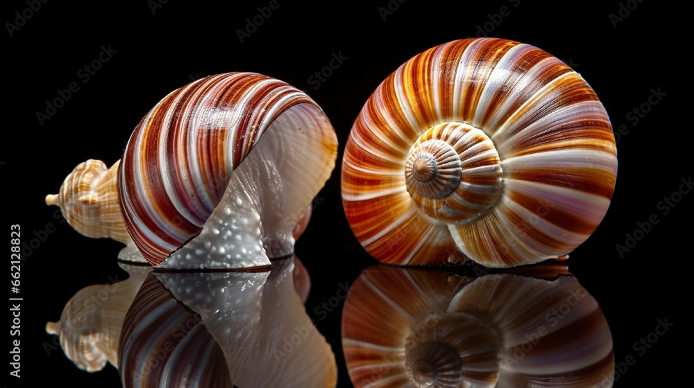 Gorgeous seashells (Turbo imperialis) reflected in a black background ...