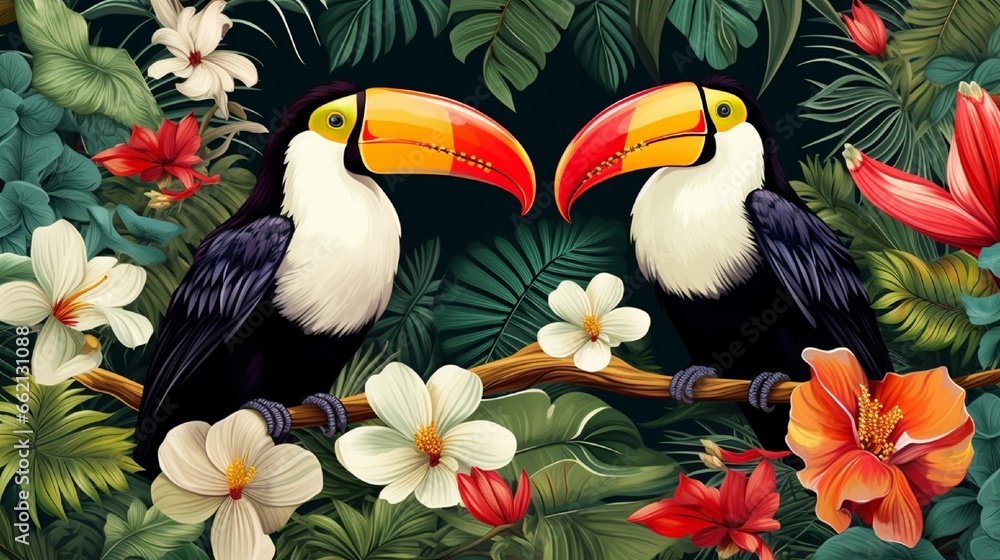 Birds toucans on background of tropical leaves and flowers Floral ...