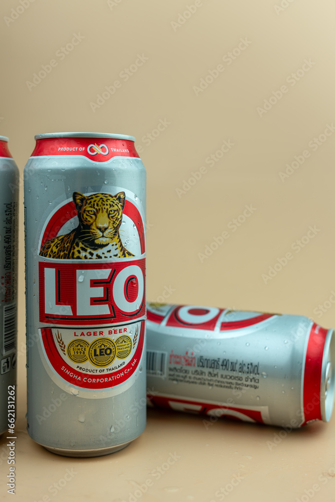Bangkok, Thailand - October 15, 2023 : New of can design can, Leo lager ...