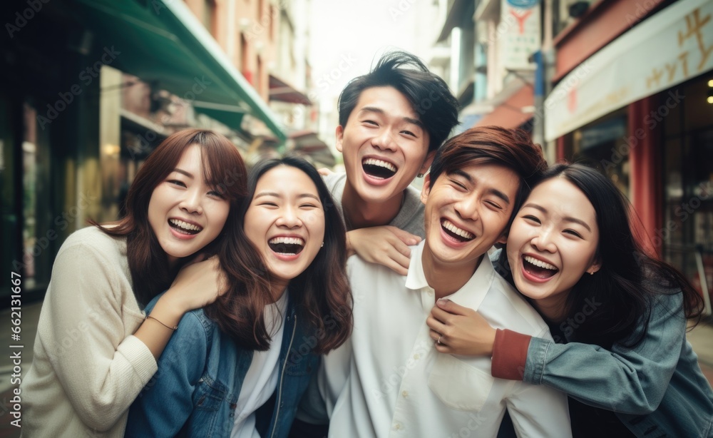 smiling group of asian friends being hugged in a city stock photo, in ...