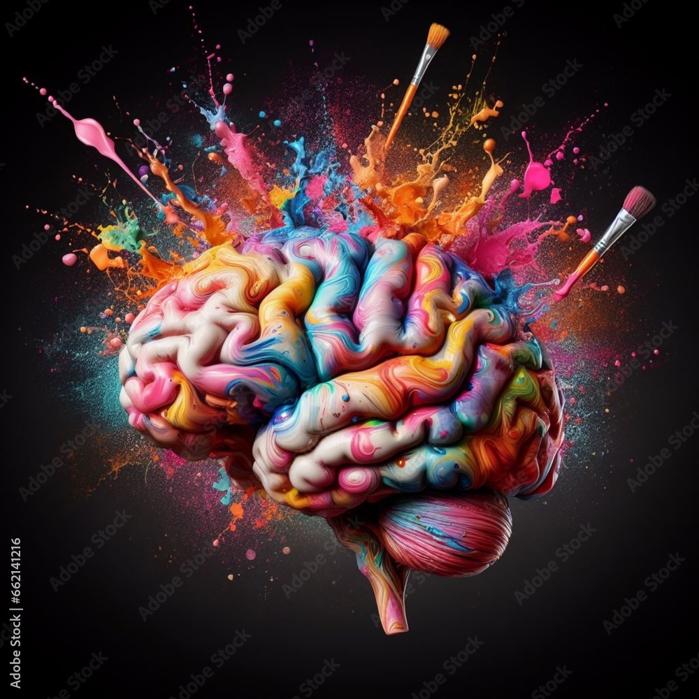 Creative art brain explodes with paints with splashes on a black ...