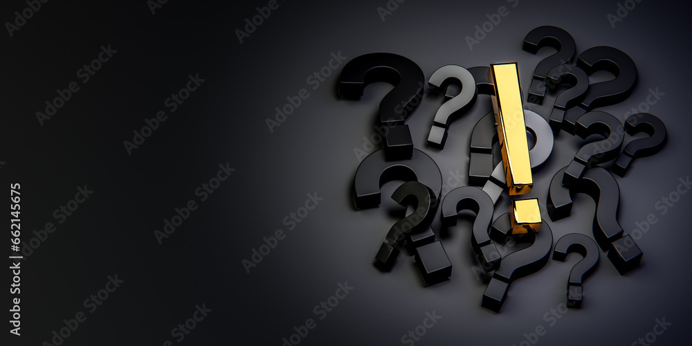 Pile of black question mark symbols with one golden exclamation mark on ...