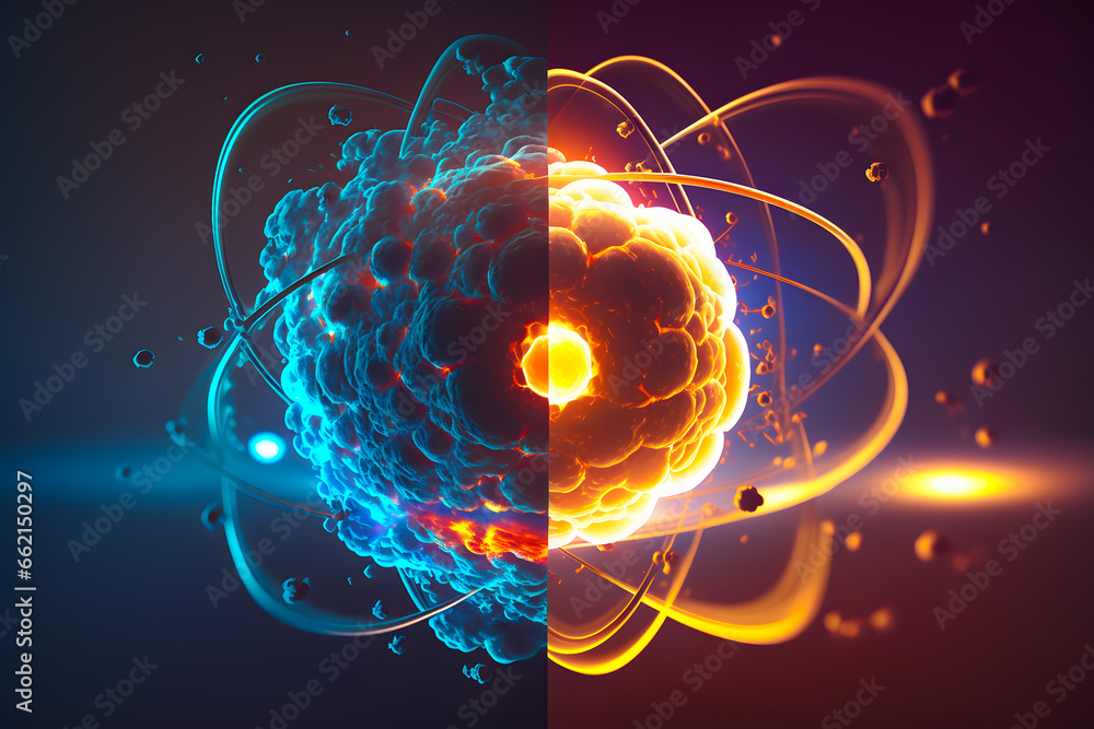 Collision of nuclei of elementary particles, image of nuclear reactions ...