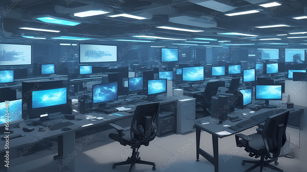 image of a futuristic workspace with floating computer monitors ...