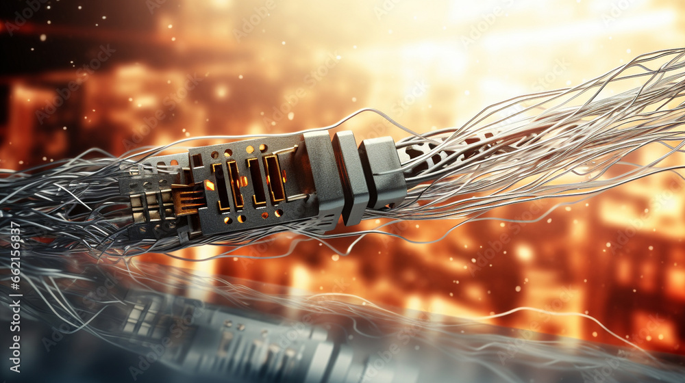 Wires, cables burning on computer board science background. Generated ...