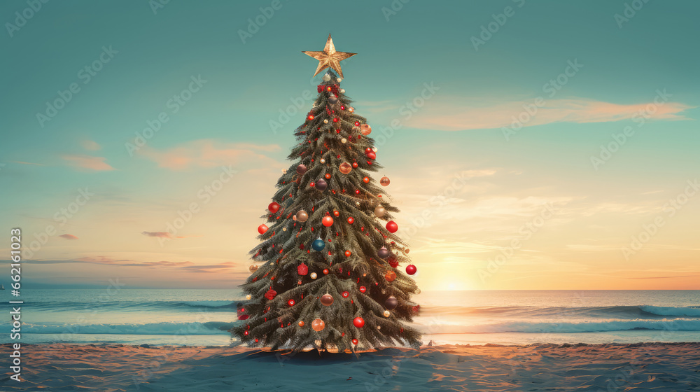 Christmas tree on the beach at sunset. Stock Illustration | Adobe Stock