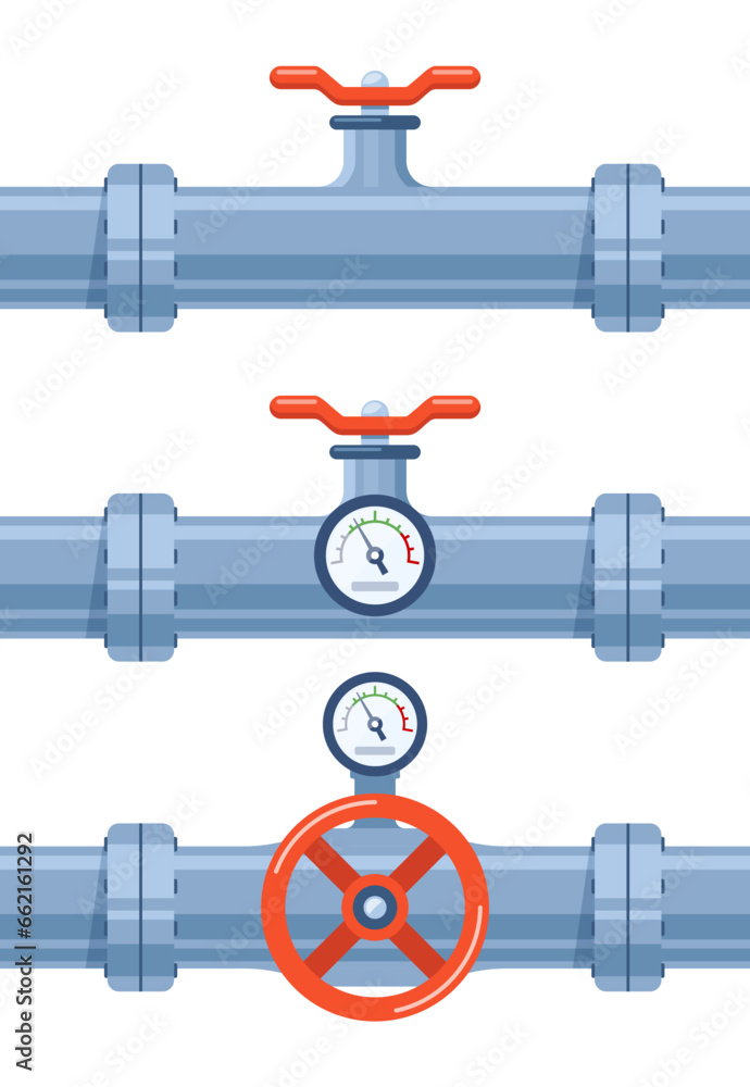 Pipe of water with valve and meter of pressure. Pipe elements. System ...