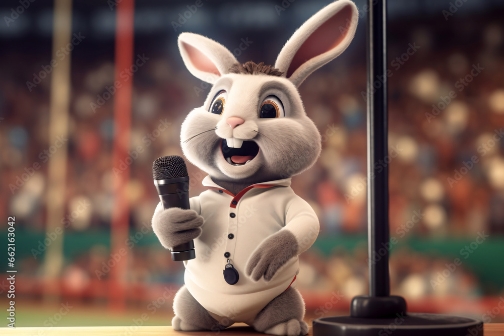 Rabbit with microphone on the background of a large football stadium ...