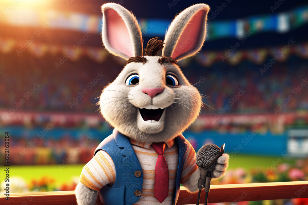 Rabbit with microphone on the background of a large football stadium ...