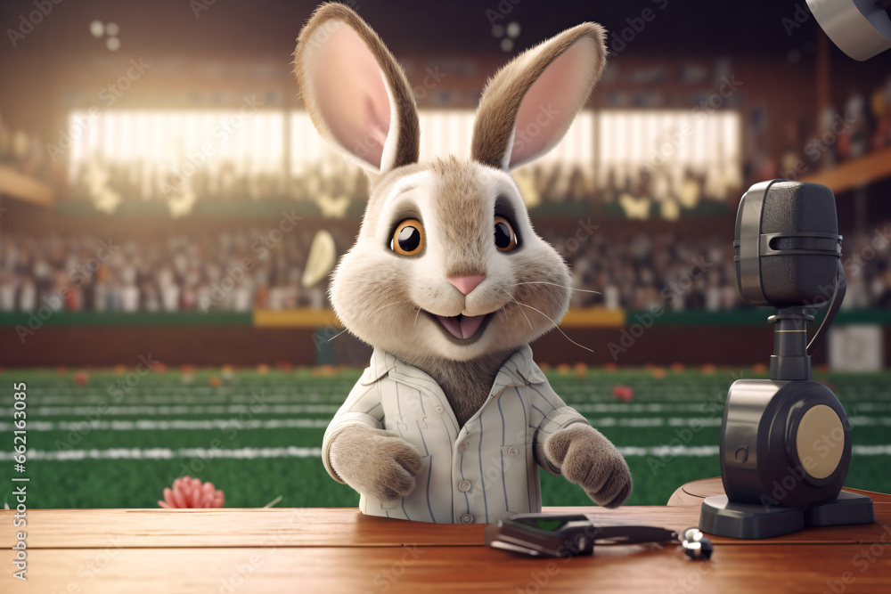 Rabbit with microphone on the background of a large football stadium ...