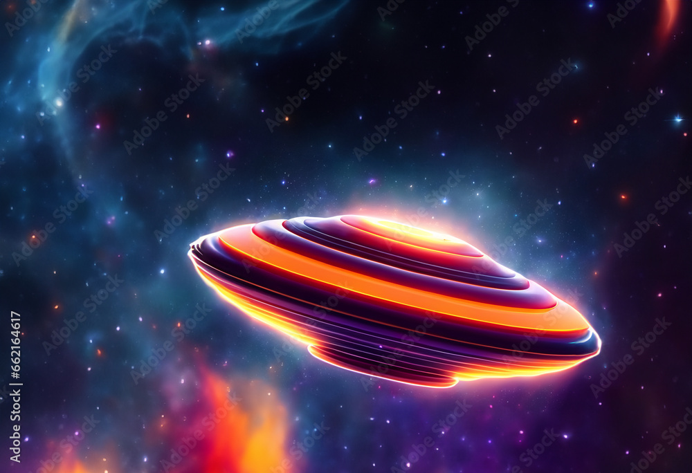 ein UFO oder Raumschiff von Aliens fliegt orange rot glühend vor einem ...