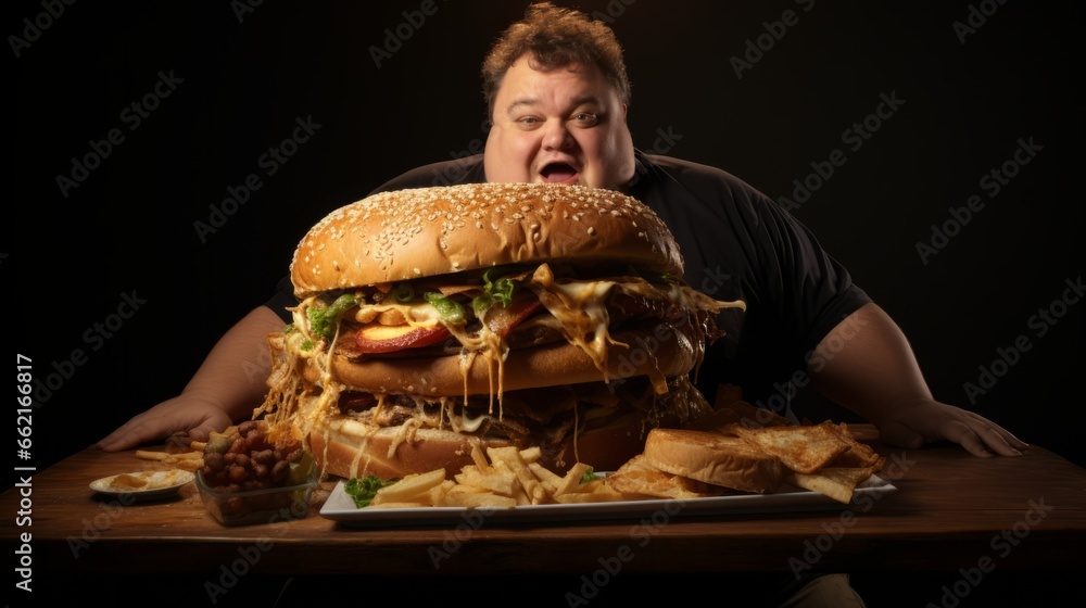 a fat man sits in front of a huge burger with fries and supports ...