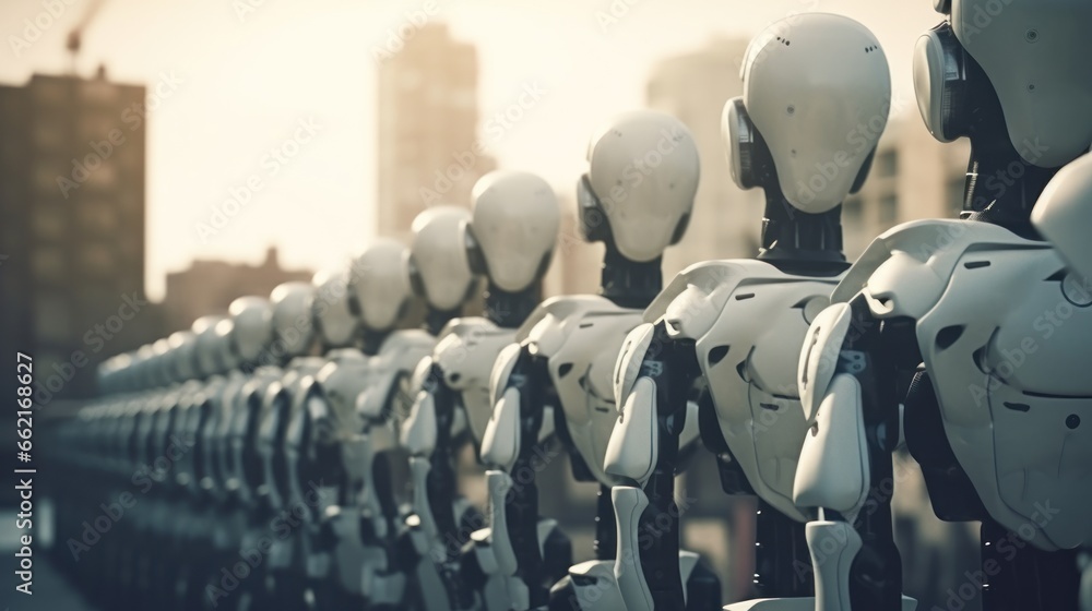 army of robots is approaching a big city. invasion of military robots ...