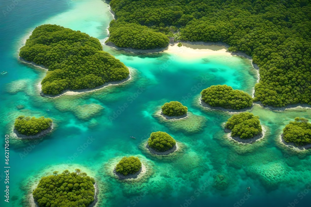 Generate an image of a remote island with a vibrant, bustling marine ...