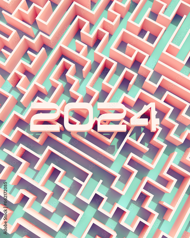 Futuristic pink turquoise 2024 typography with maze background bright ...