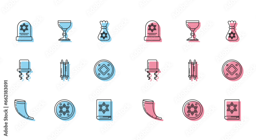 Set line Traditional ram horn, shofar, Jewish coin, Tombstone with star ...